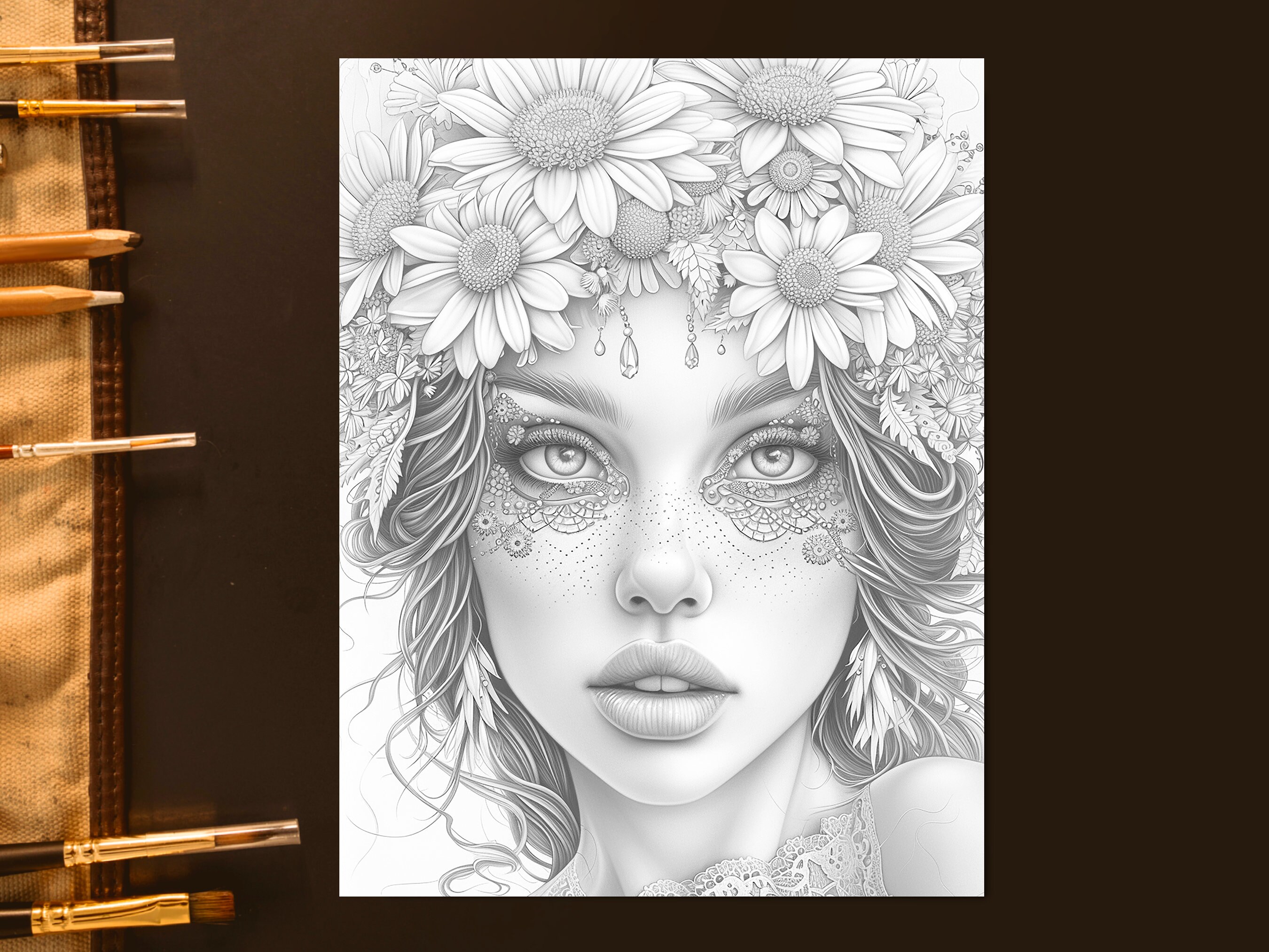 Flower Women Adult Coloring Pages Whimsical Girls Grayscale Coloring
