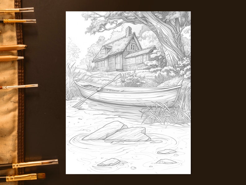 Country Life Adult Coloring Pages, Nature Landscapes Grayscale Coloring ...