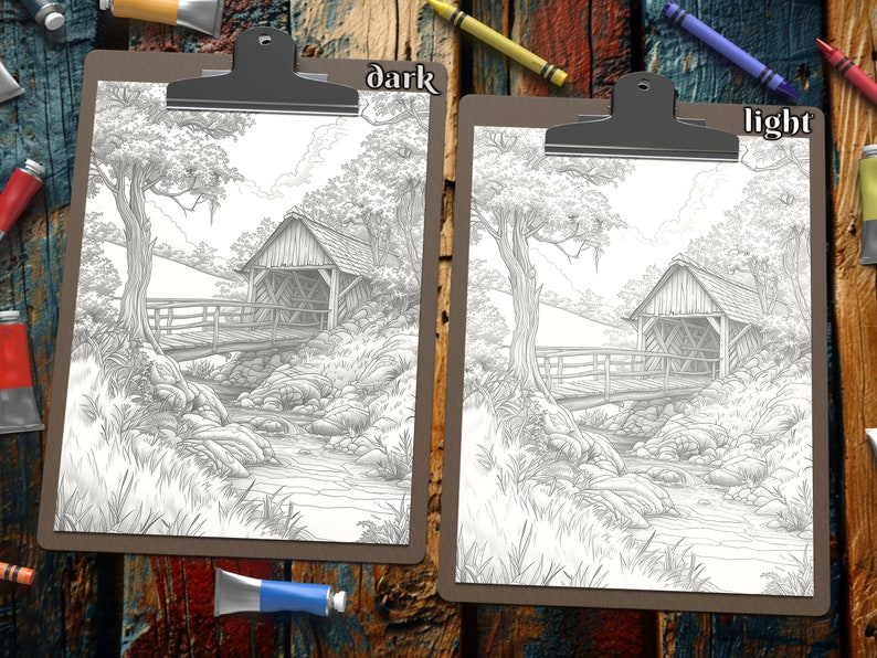 Country Life Adult Coloring Pages, Nature Landscapes Grayscale Coloring ...