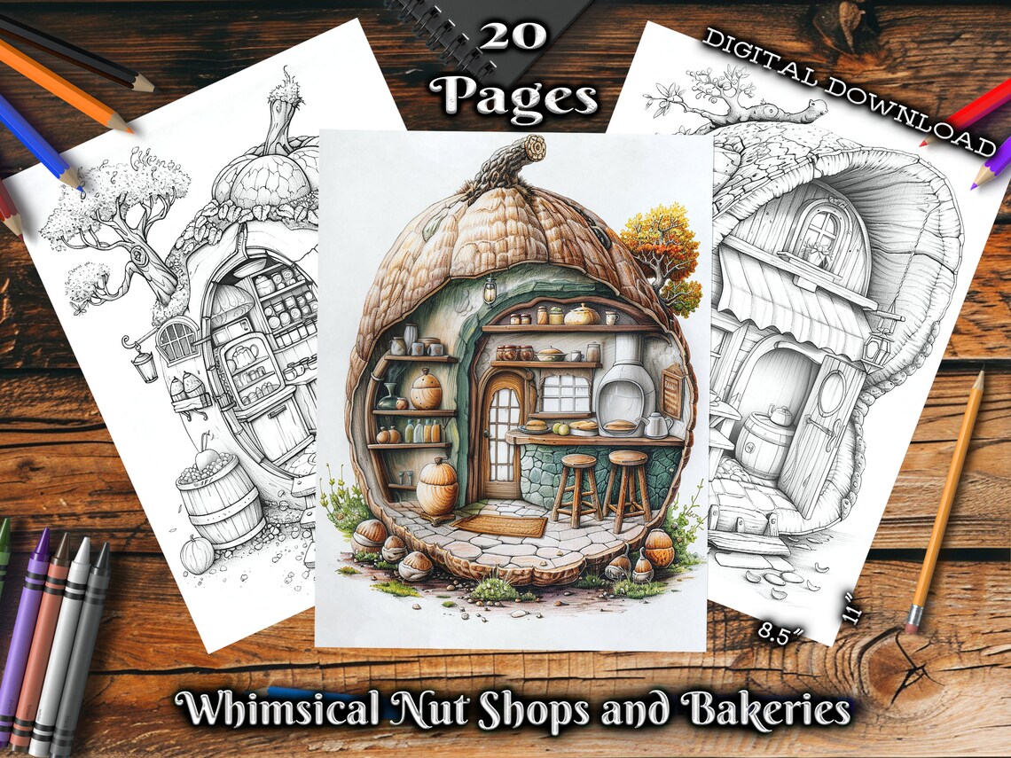 Whimsical Nut Shops and Bakeries Adult Coloring Pages, Fantasy Houses ...