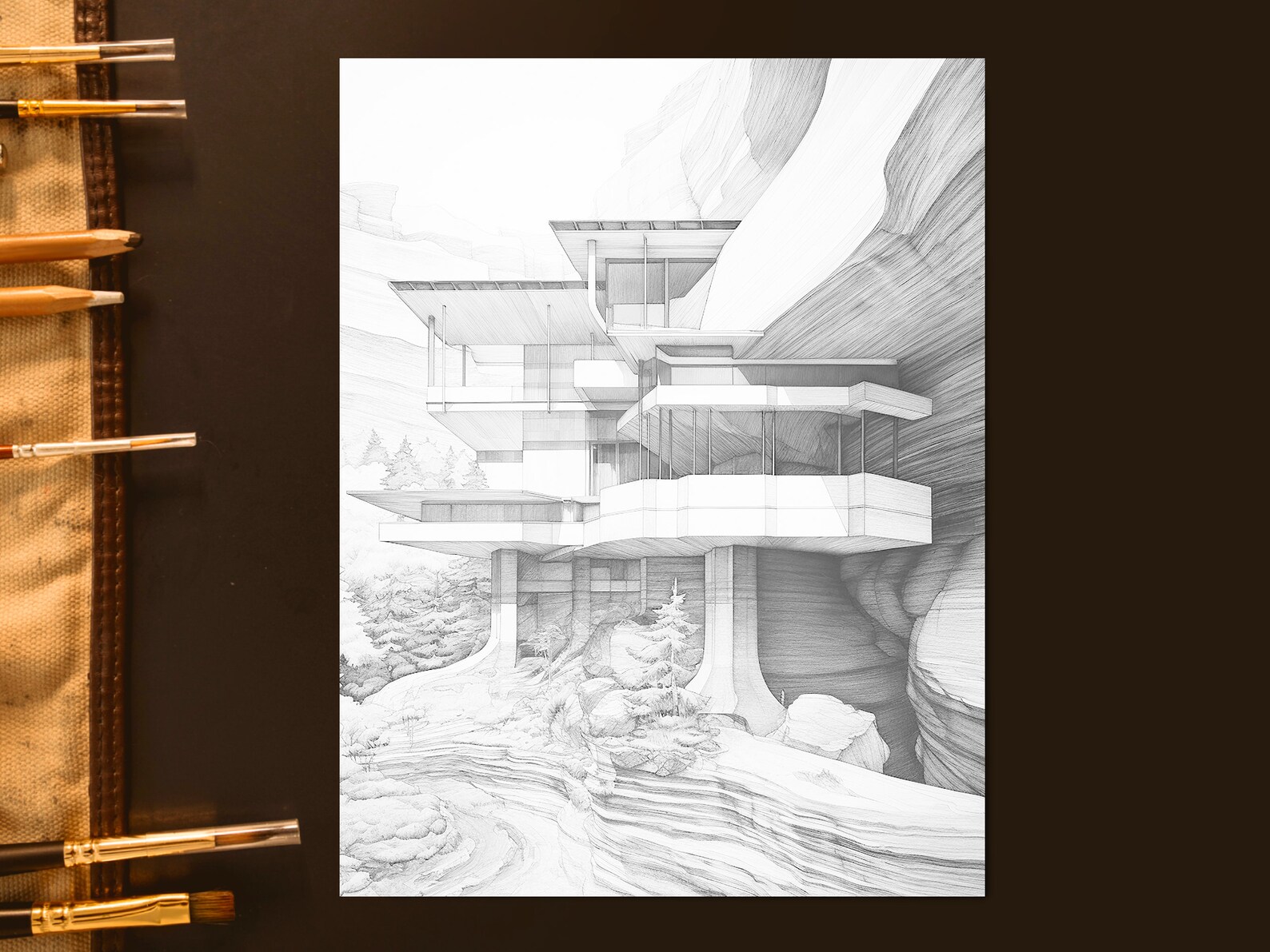 Modern Cliff Houses Adult Coloring Pages, Nature Landscape Grayscale ...