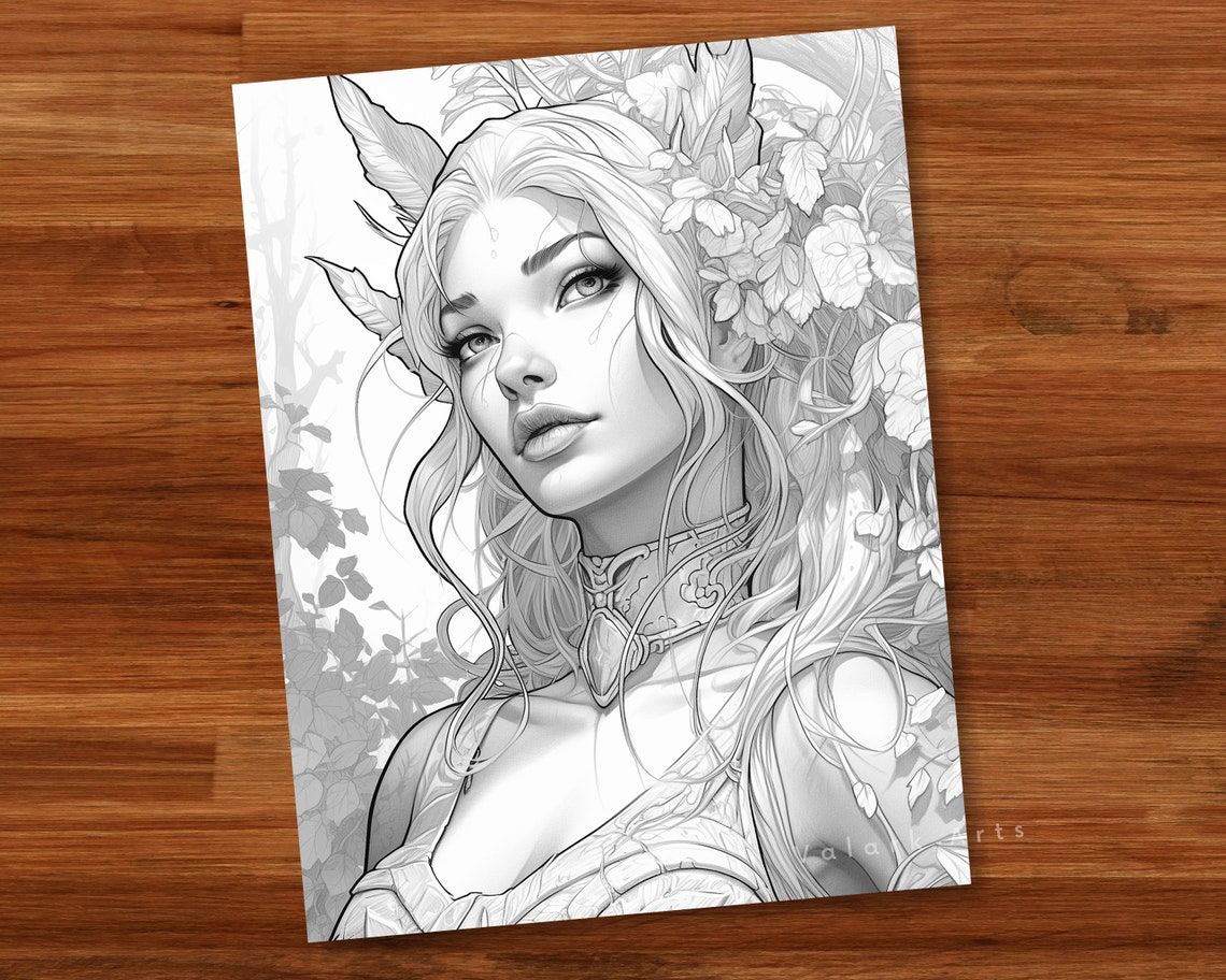 Beautiful Female Druids Adult Coloring Book Fantasy Grayscale - Etsy