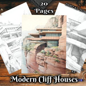 Modern Cliff Houses Adult Coloring Pages, Nature Landscape Grayscale ...