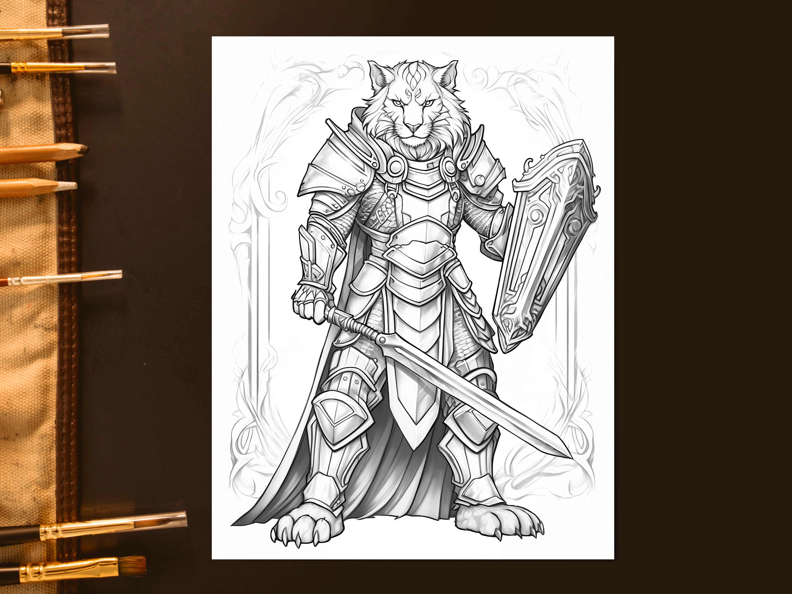 Animal Knights Adult Coloring Pages, Whimsical Grayscale Coloring Book ...