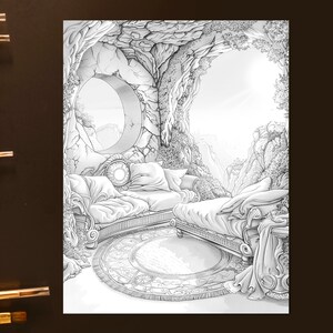 Fantasy Rooms Adult Coloring Pages, Enchanted Interior Grayscale ...