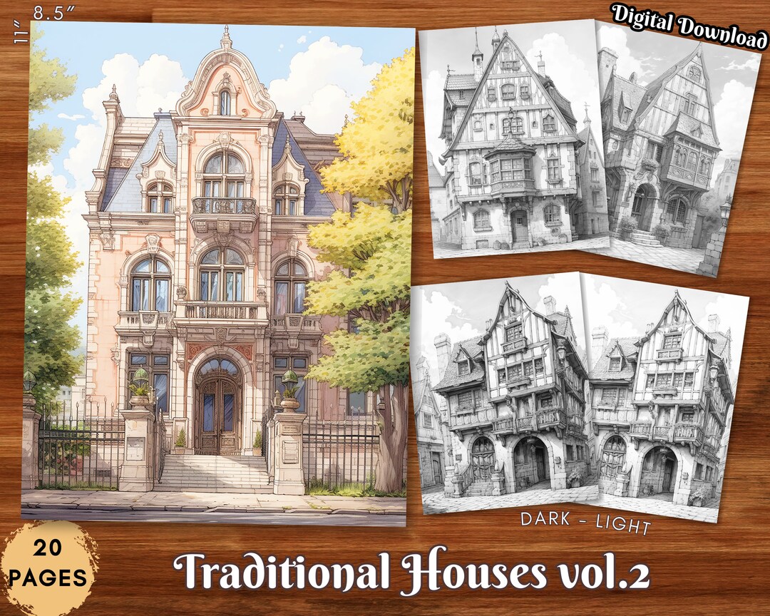 Traditional Houses Adult Coloring Book Beautiful Landscapes - Etsy