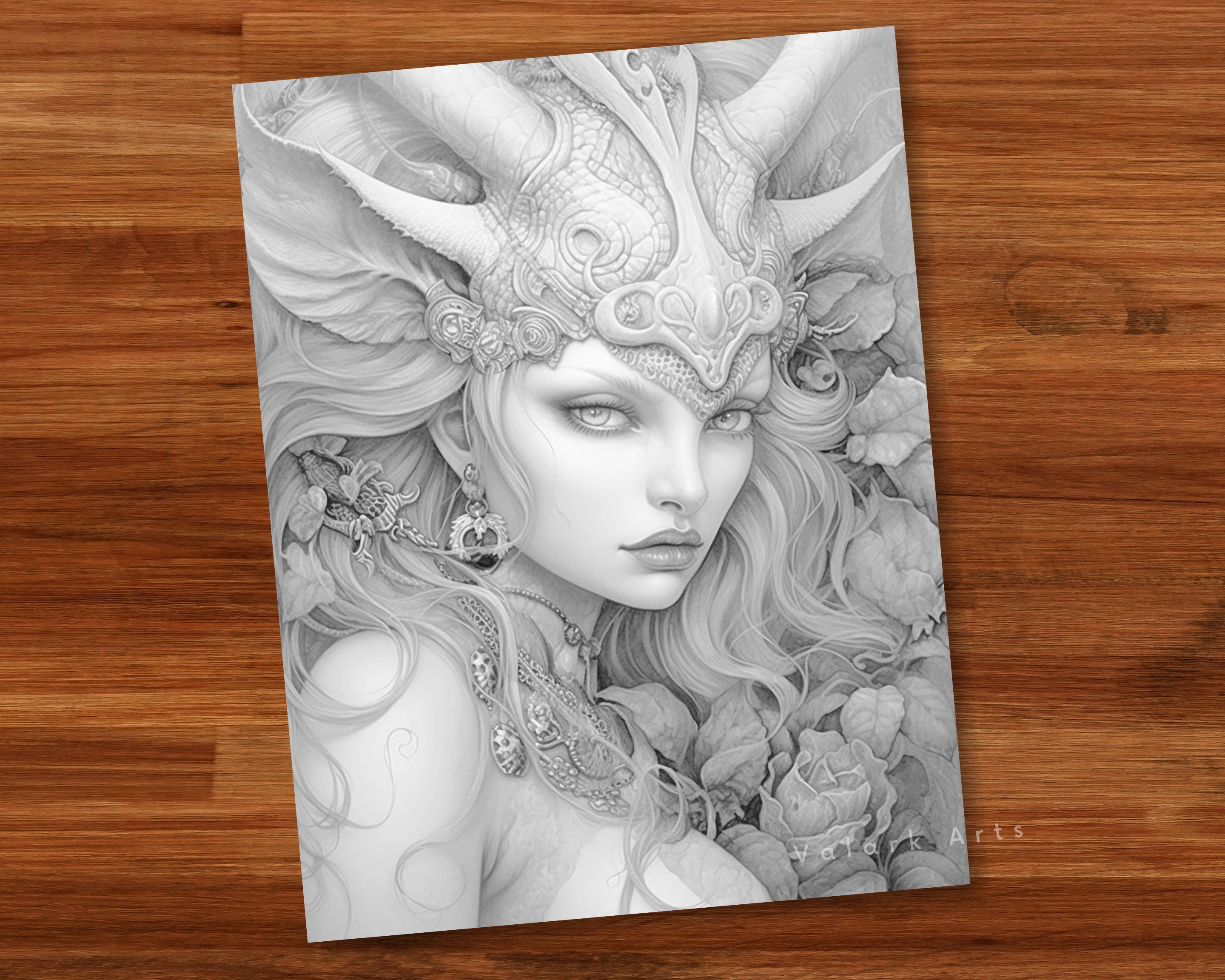 Beautiful Female Demons Adult Coloring Book Grayscale Coloring Page ...