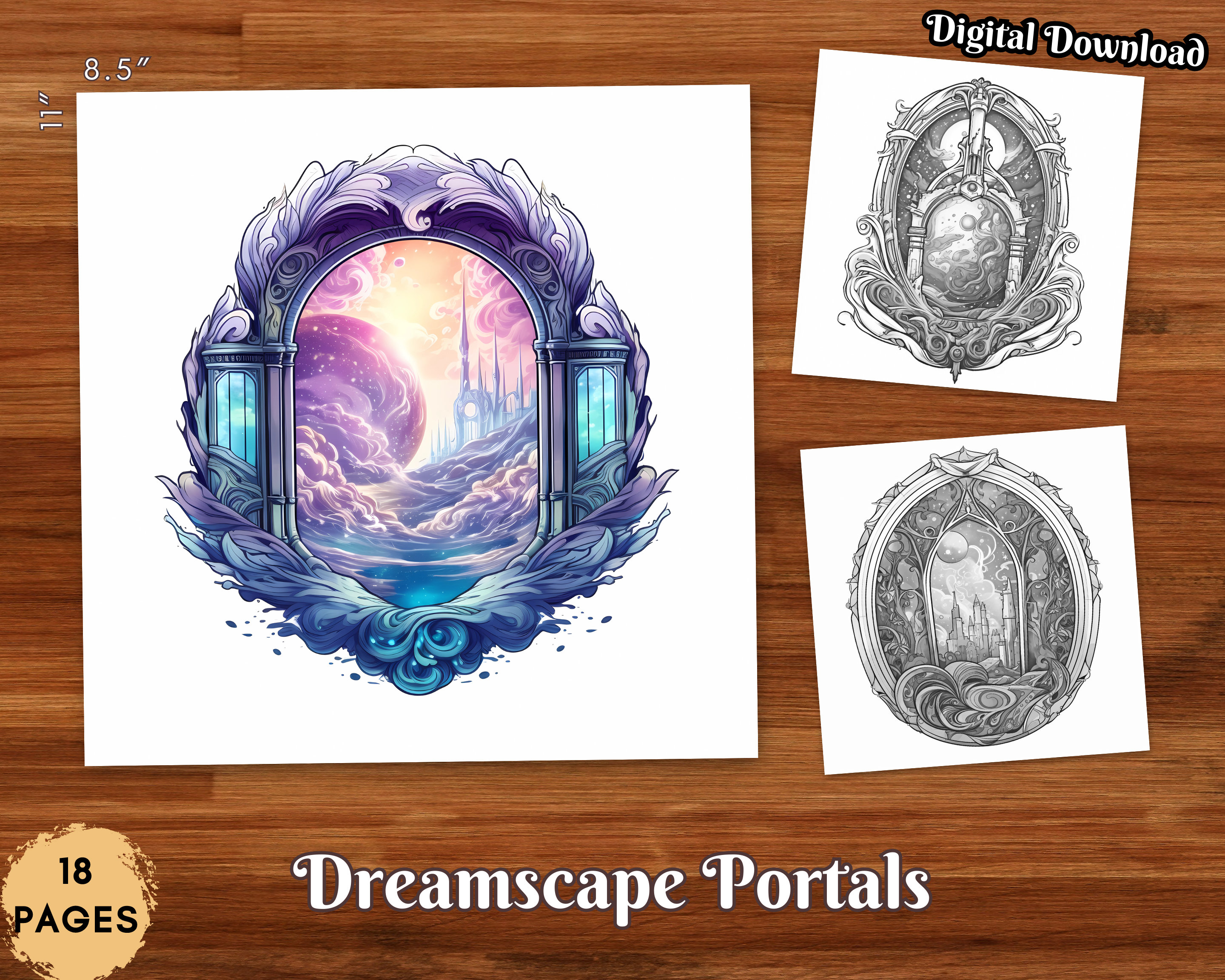 Whimsical Worlds Adult Coloring Book Dreamscape Portals Grayscale ...