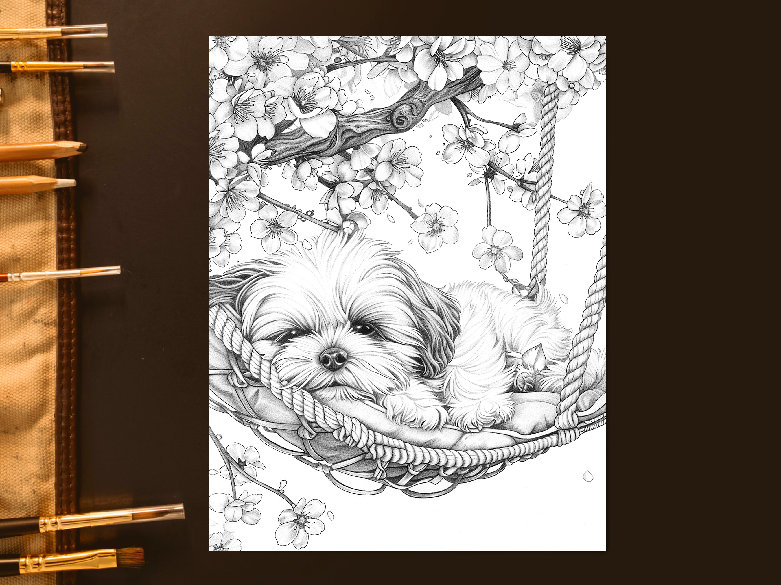 Spring Puppies Adult Coloring Pages, Adorable Pets Grayscale Coloring ...