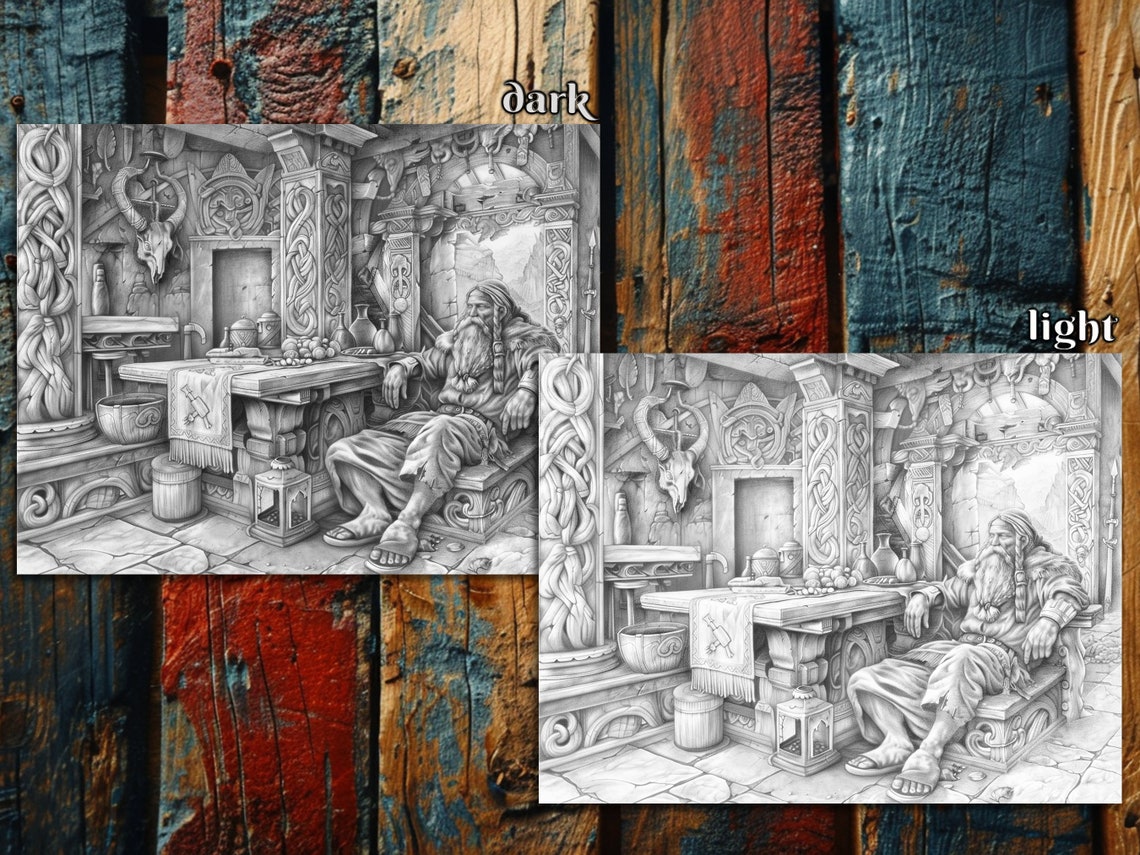 Viking Life Adult Coloring Pages, Nordic Antique Culture Grayscale ...