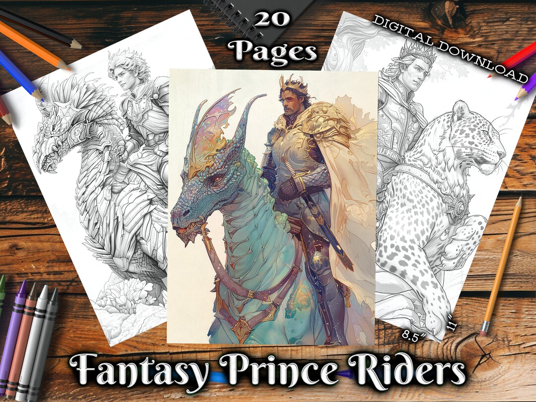 Fantasy Prince Riders Adult Coloring Pages, Magical Grayscale Coloring ...