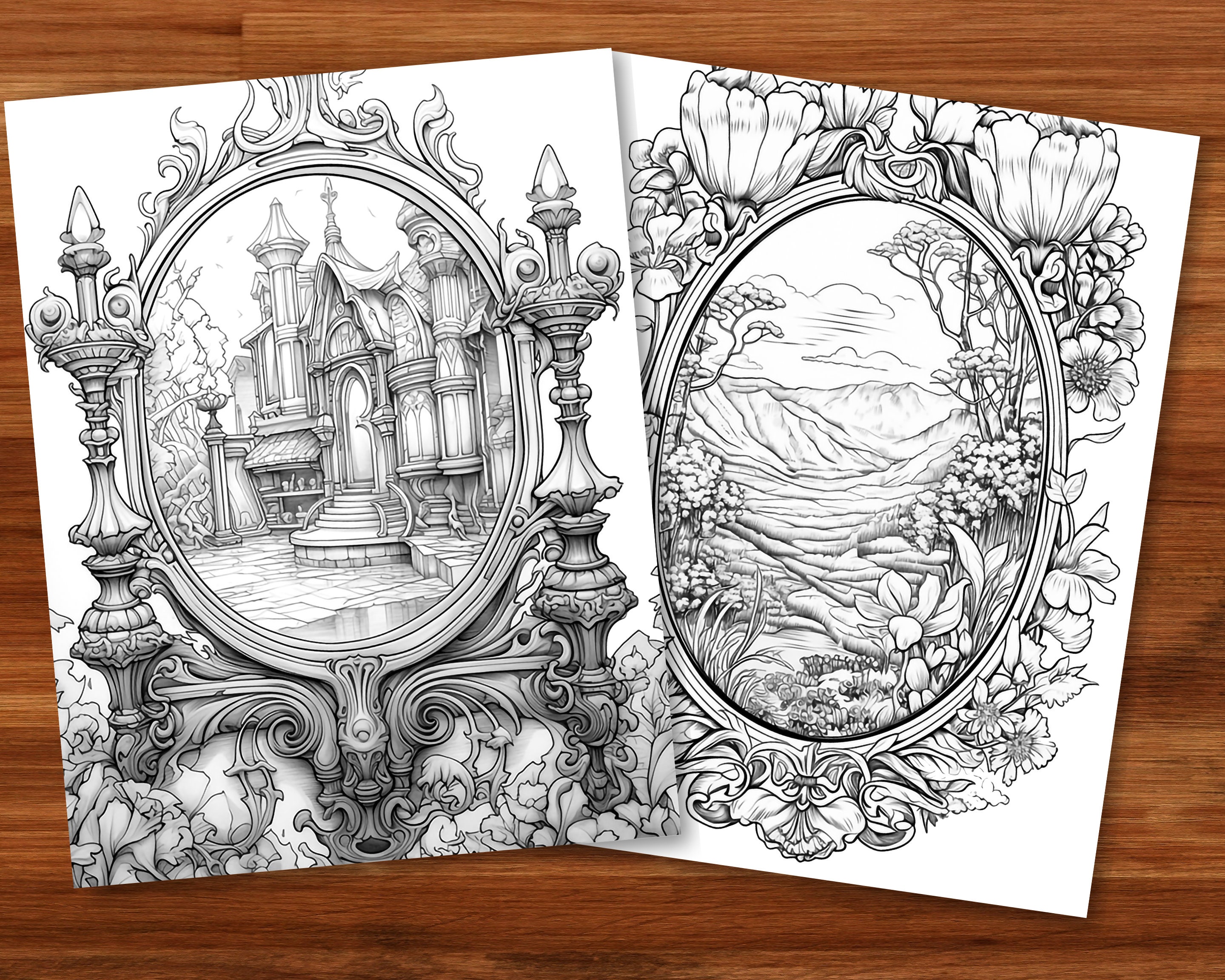 Whimsical Mirrors Adult Coloring Book Magical Landscapes - Etsy
