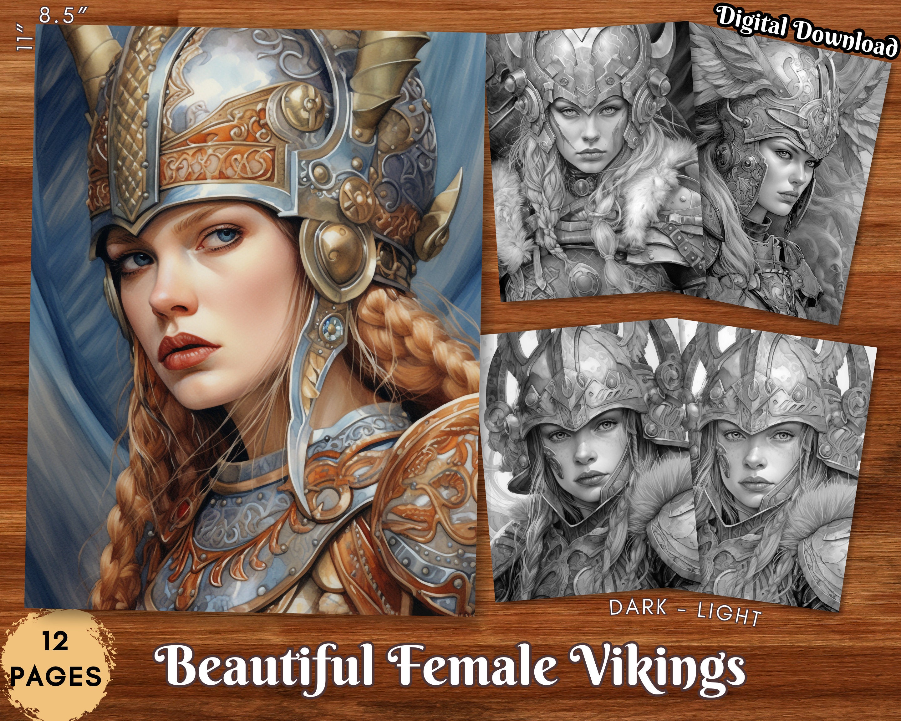 Beautiful Female Vikings Adult Coloring Book Grayscale Coloring Page ...