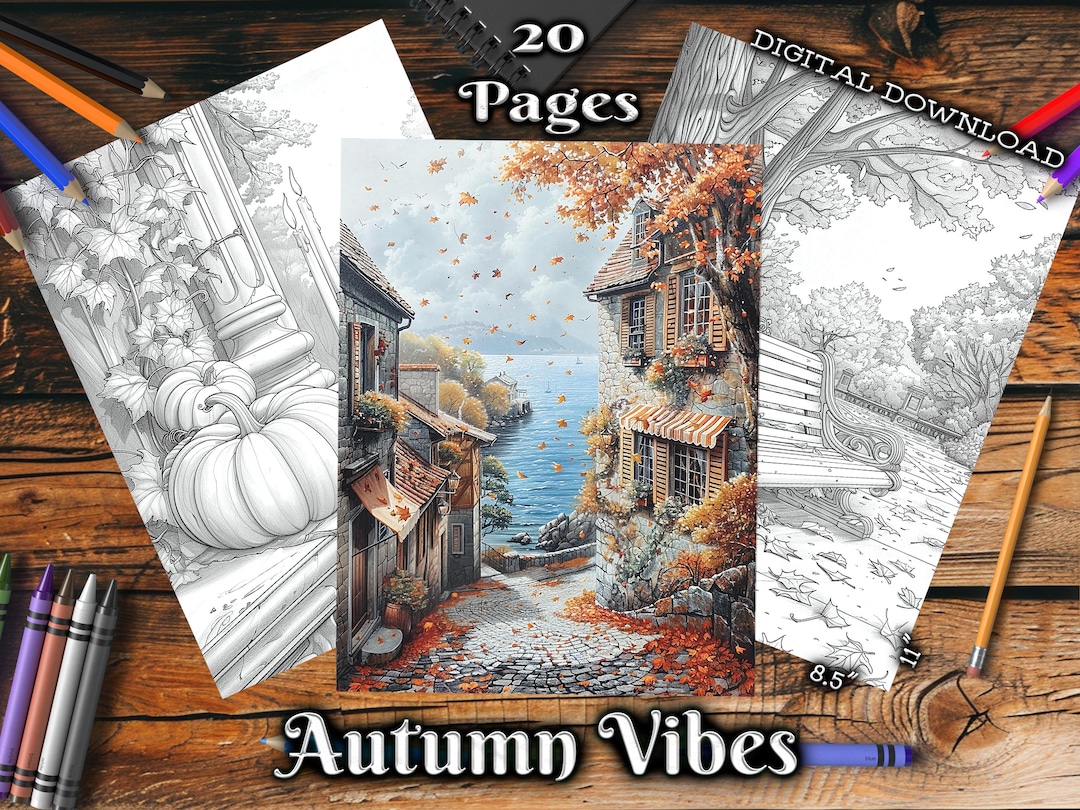 Autumn Vibes Adult Coloring Pages, Fall Nature Landscapes Grayscale ...