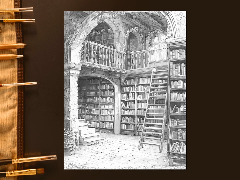 Antique Libraries Adult Coloring Pages, Medieval Rooms Grayscale ...