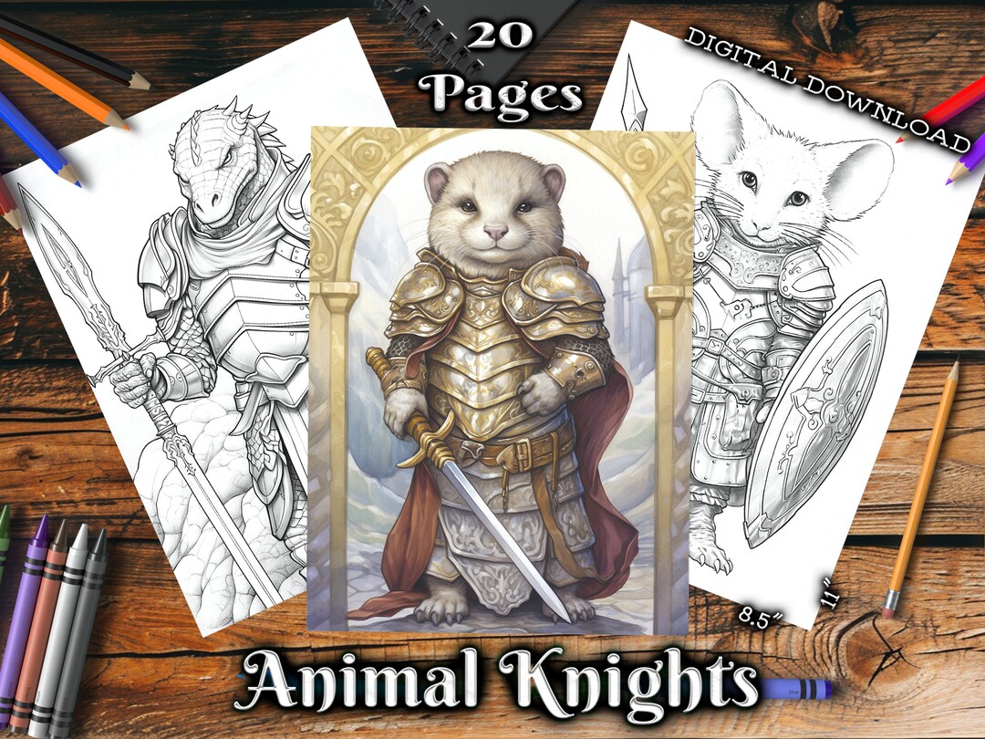 Animal Knights Adult Coloring Pages, Whimsical Grayscale Coloring Book ...