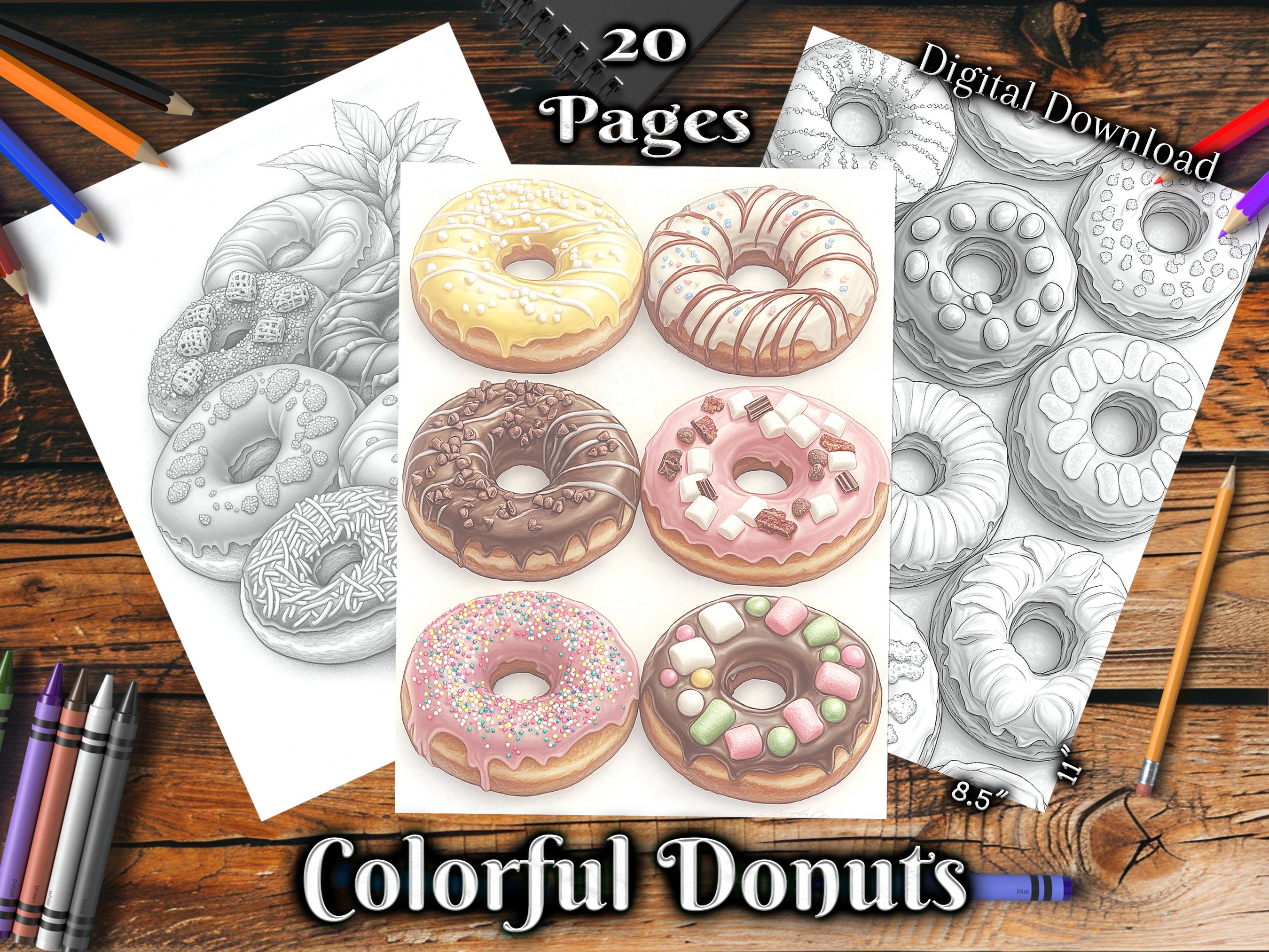 Grayscale Coloring Pages - Download, Print and Color - Colorful Donuts, Printable Sweets ...