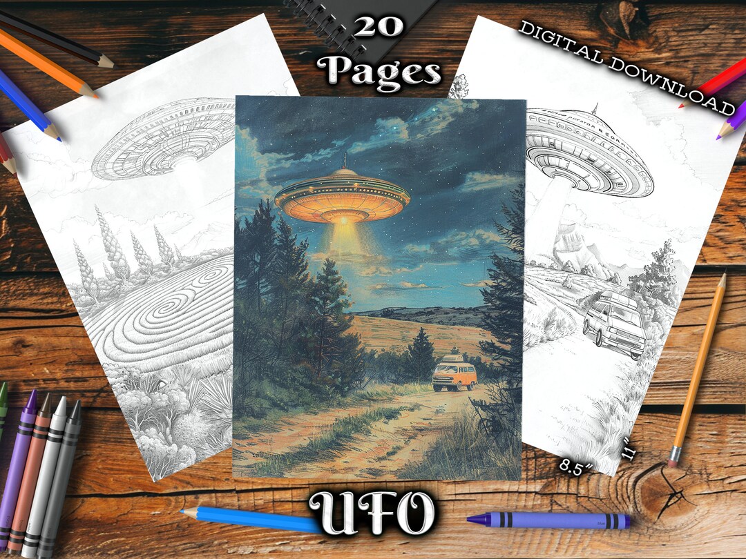 UFO Adult Coloring Pages, Science Fiction Ufos Landscape Grayscale ...