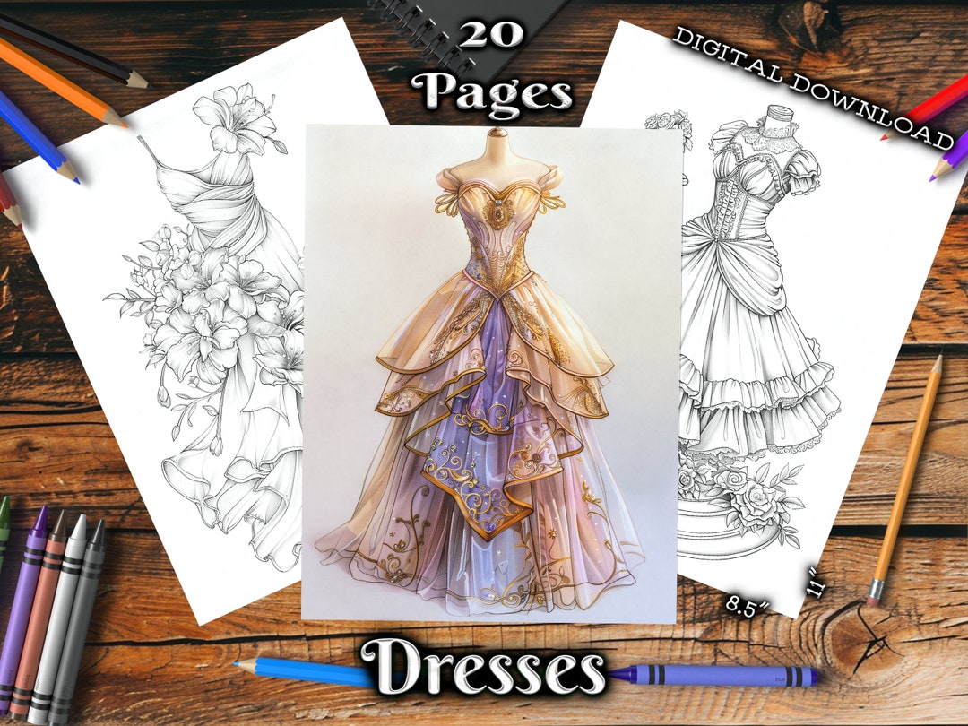 Dresses Coloring Pages, Grayscale Fashion Coloring Book, Digital ...