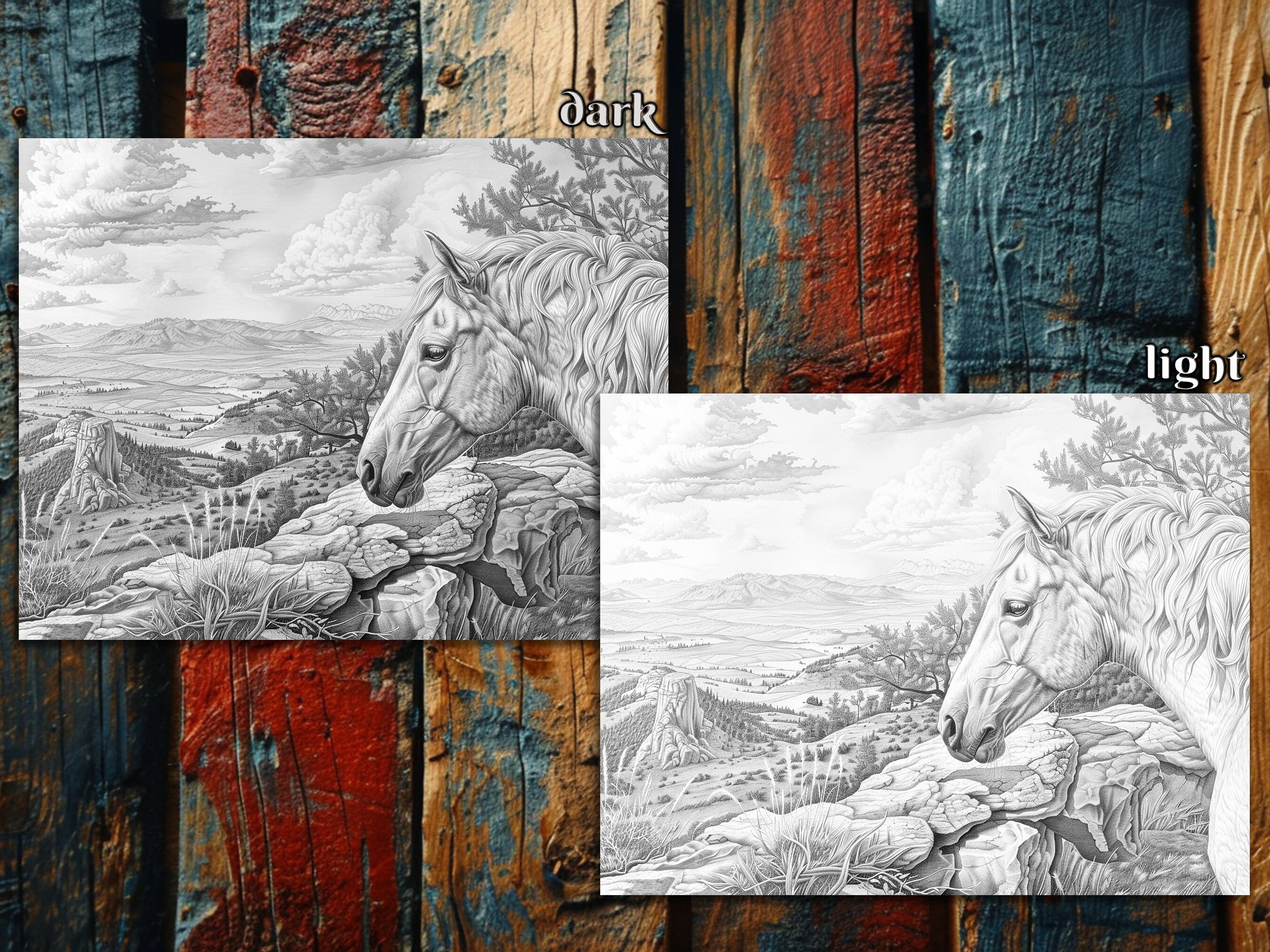 Majestic Horses Adult Coloring Pages, Animal Landscapes Grayscale ...