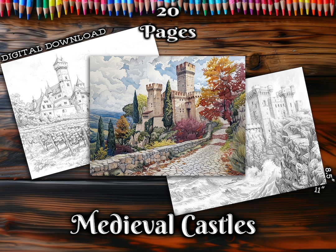 Medieval Castles Adult Coloring Pages Massive Buildings Grayscale ...