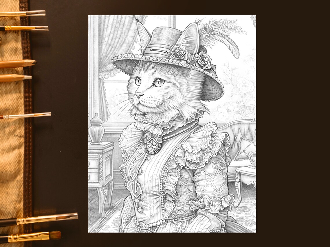 Victorian Cats Coloring Pages, Grayscale Whimsical Animal Portraits ...