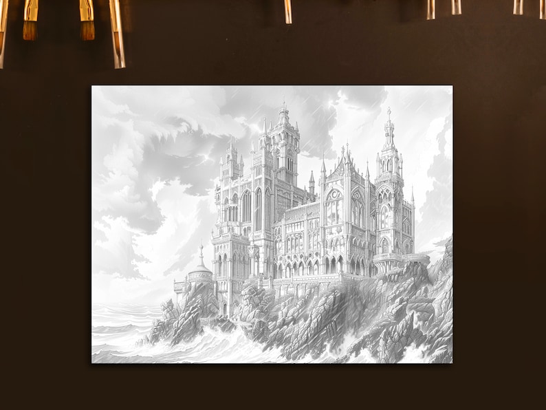 Medieval Castles Adult Coloring Pages Massive Buildings Grayscale ...