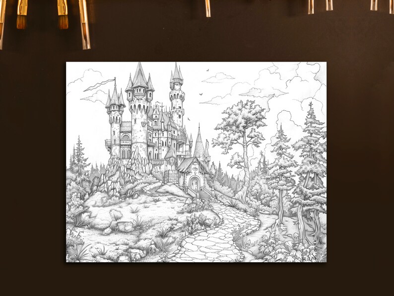 Medieval Castles Adult Coloring Pages Massive Buildings Grayscale ...