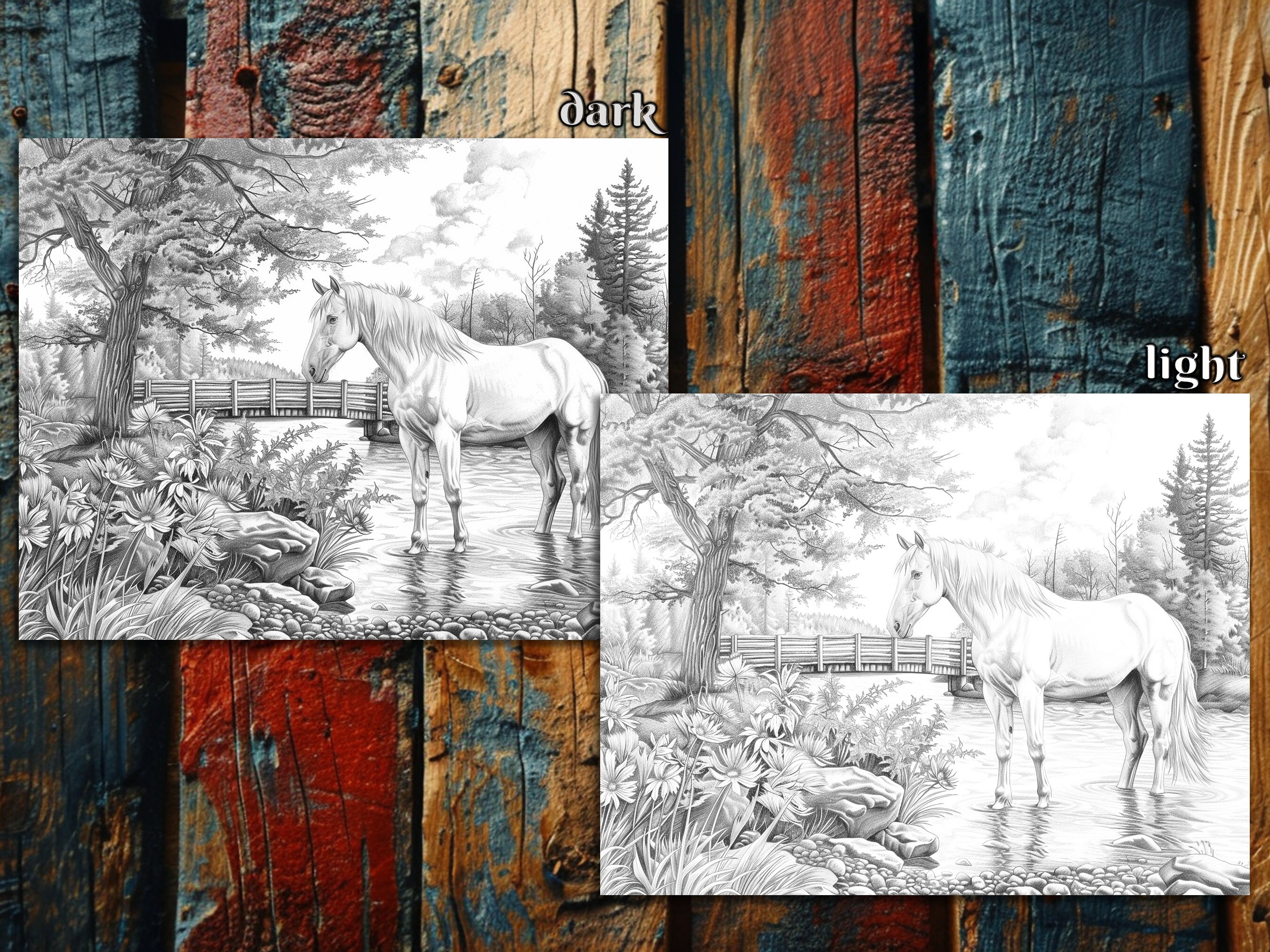 Majestic Horses Adult Coloring Pages, Animal Landscapes Grayscale ...