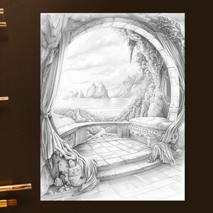 Fantasy Rooms Adult Coloring Pages, Enchanted Interior Grayscale ...