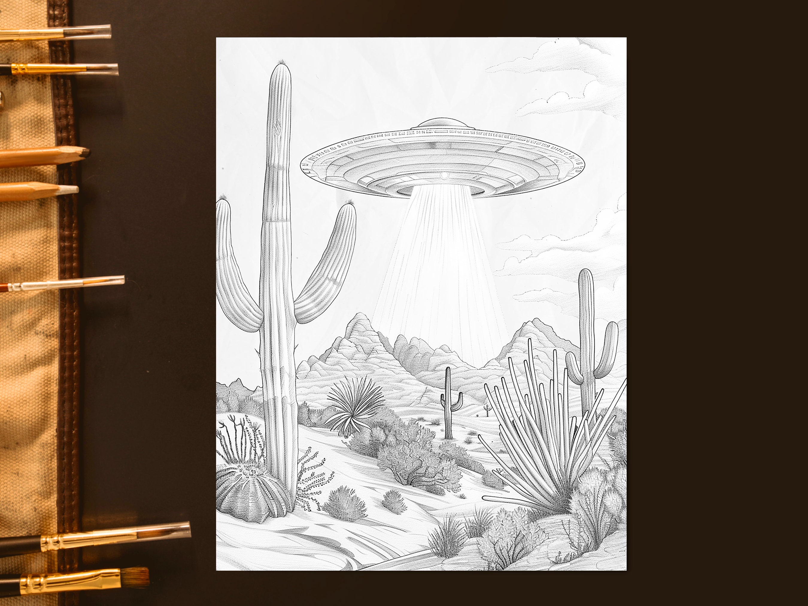 UFO Adult Coloring Pages, Science Fiction Ufos Landscape Grayscale ...