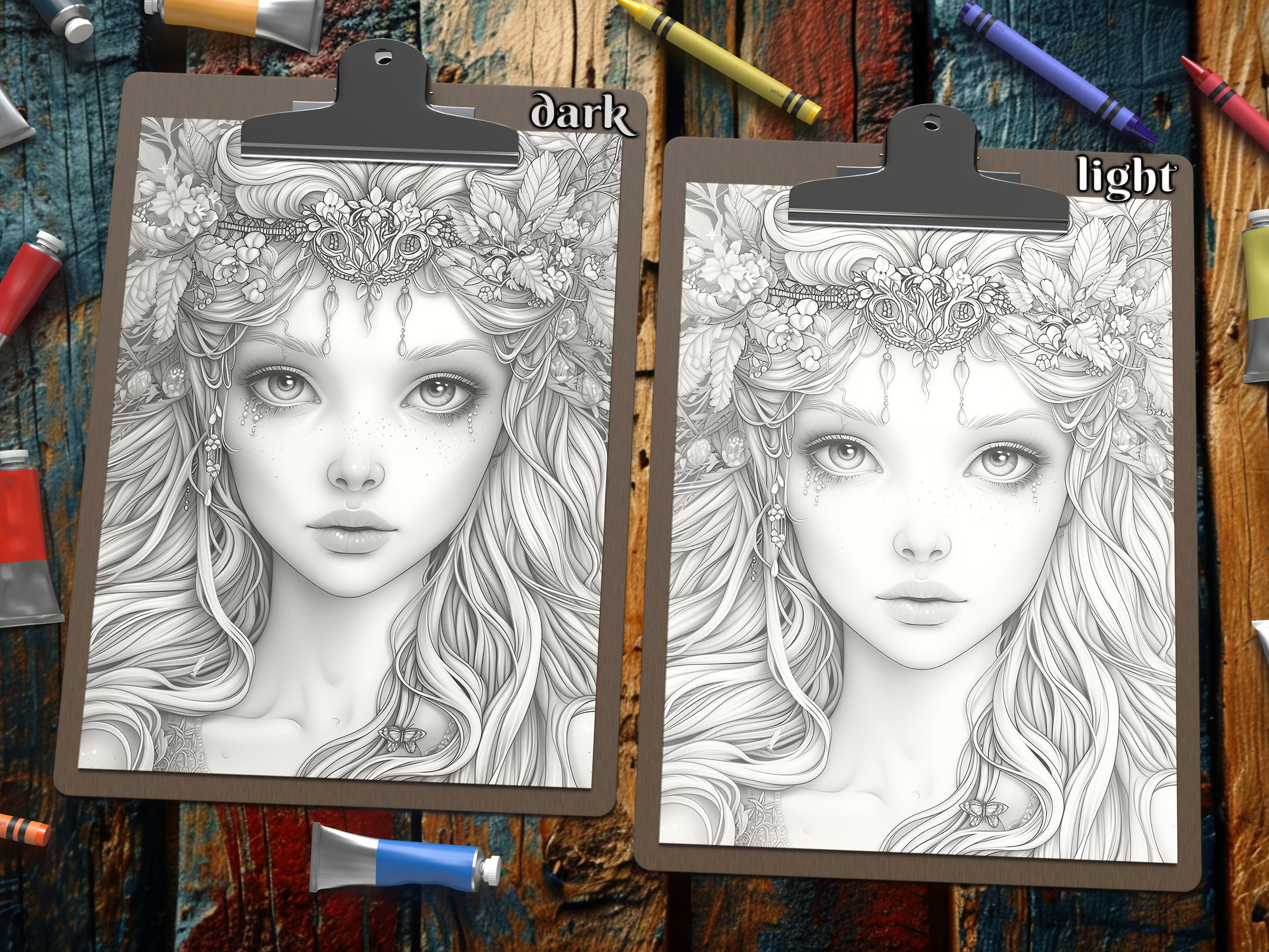 Flower Princesses Adult Coloring Pages Whimsical Women Grayscale ...