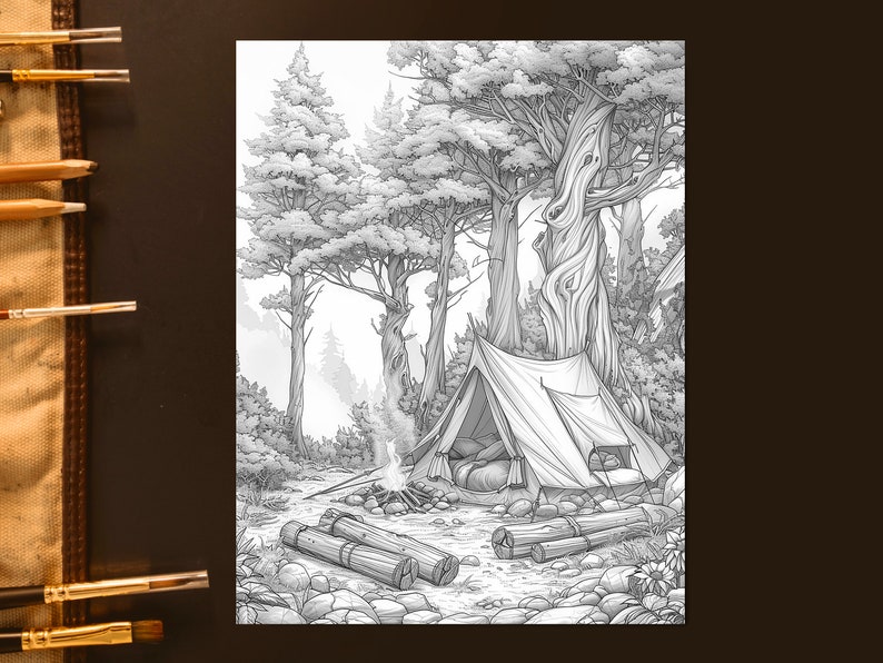 Camping Life Adult Coloring Pages, Nature Landscapes Grayscale Coloring ...