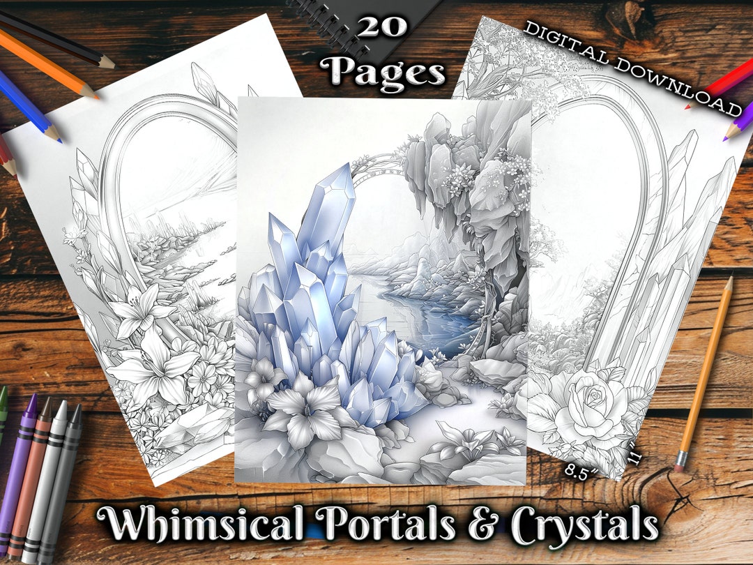 Whimsical Portals and Crystals Adult Coloring Pages, Fantasy Grayscale ...