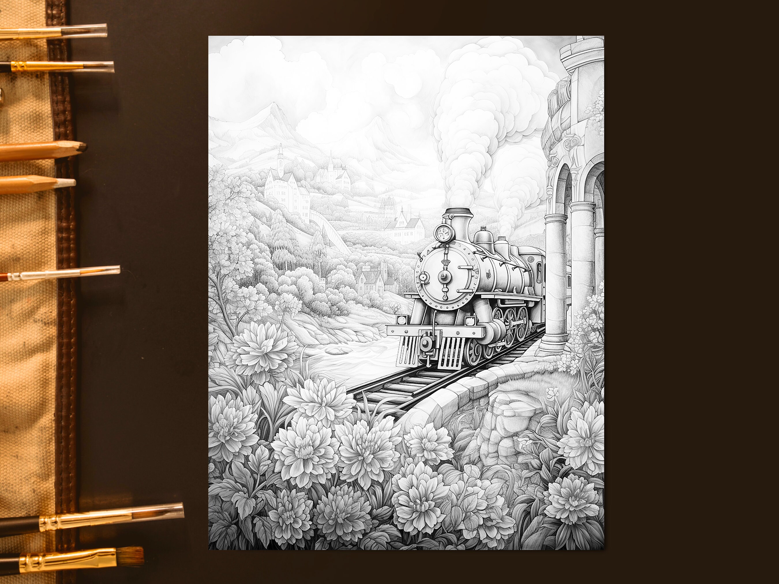 Trains Adult Coloring Book Beautiful Scenery Grayscale Coloring Page ...