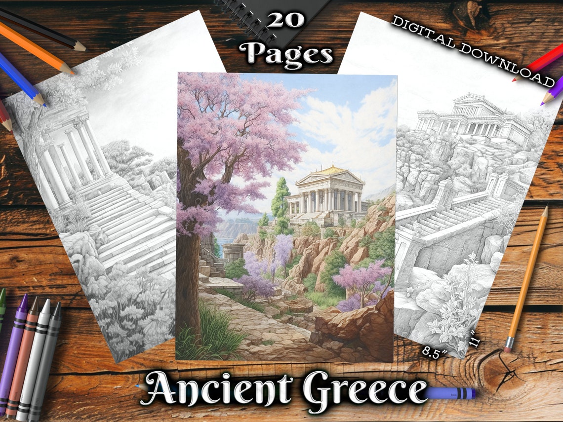 Ancient Greece Adult Coloring Book Beautiful Landscapes Grayscale ...