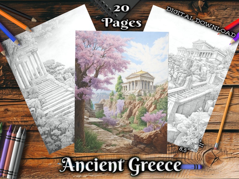 Ancient Greece Adult Coloring Book Beautiful Landscapes Grayscale ...