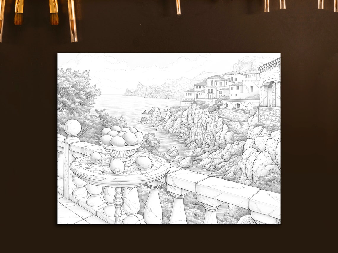 Mediterranean Summer Landscapes Adult Coloring Pages, Nature Scenery ...