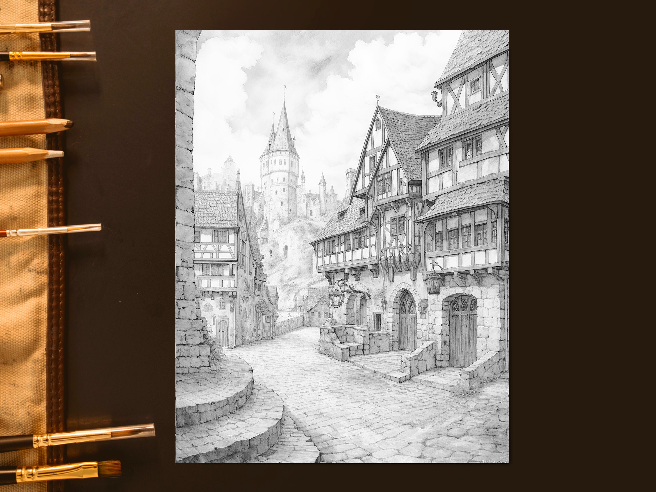 Medieval Village Adult Coloring Book Beautiful Landscapes Grayscale ...