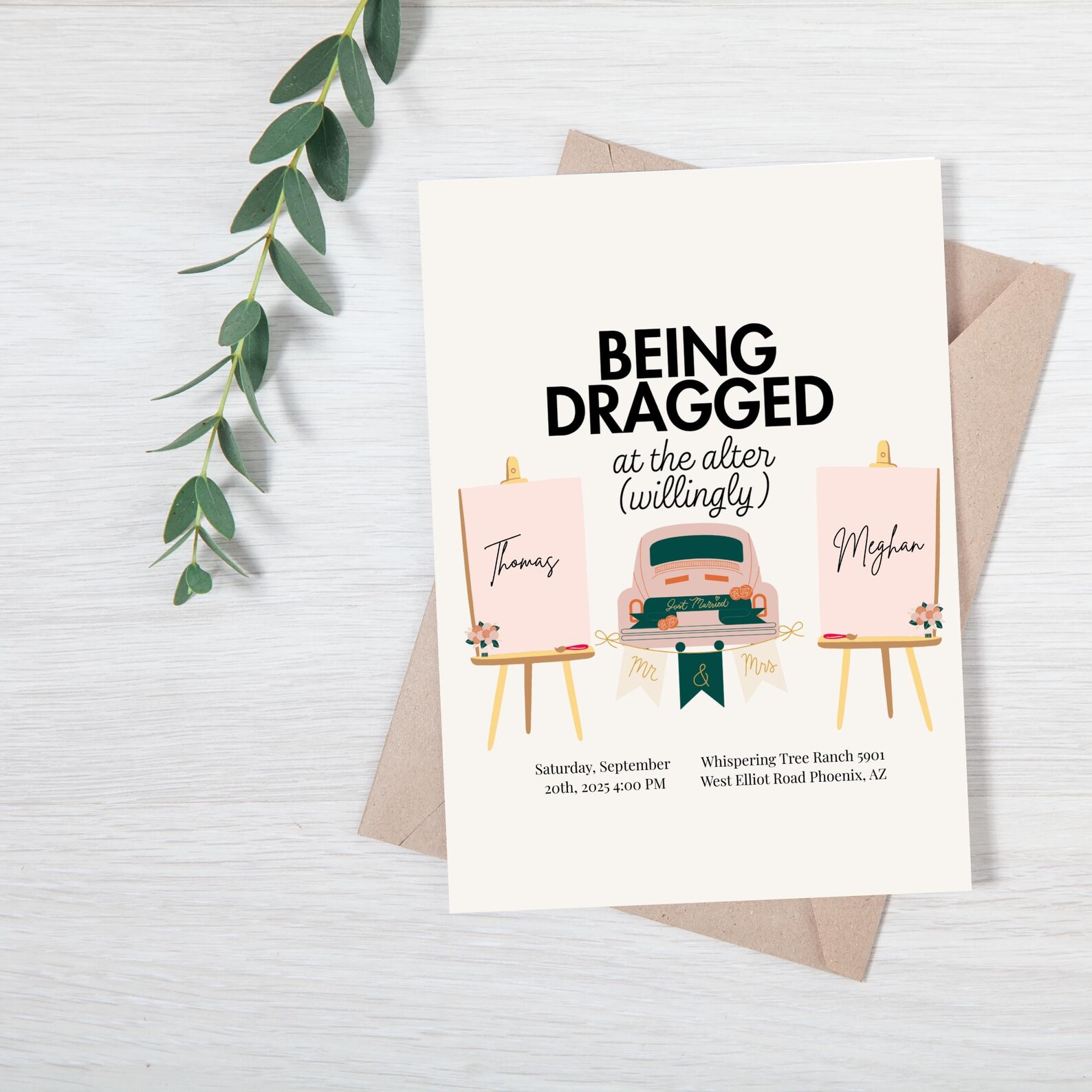 Funny Wedding Invitation – Being Dragged to the Altar – Editable Canva ...