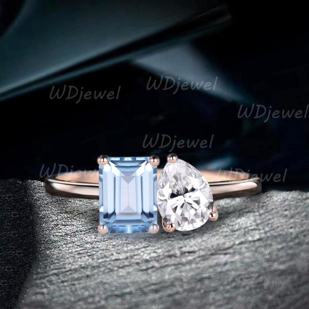 Toi Et Moi Ring Natural Blue Topaz Pear Cut Simulated Diamonds ...