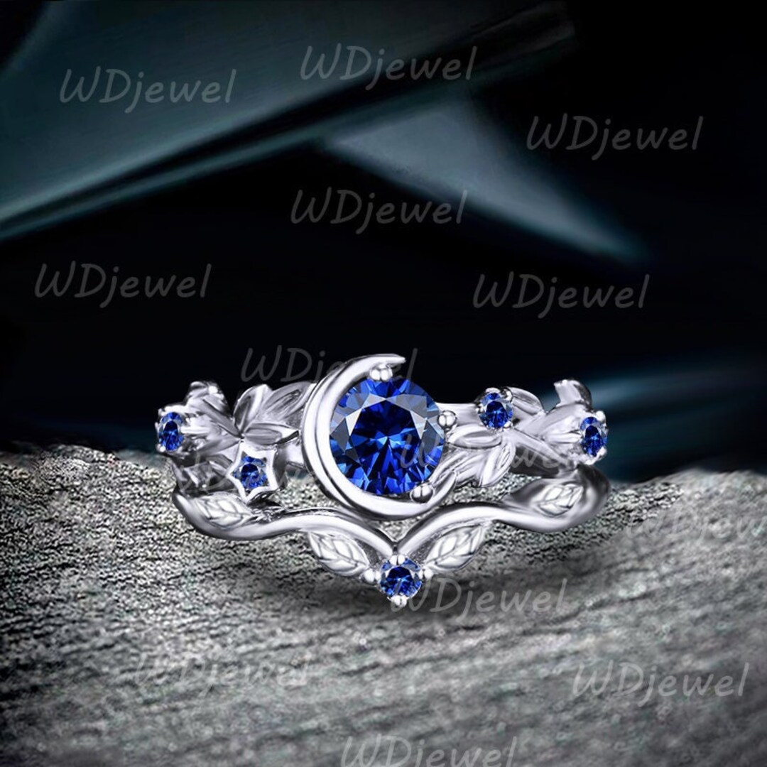 Round Blue Sapphire Moon Engagement Ring White/ Rose Gold Leaf Wedding ...