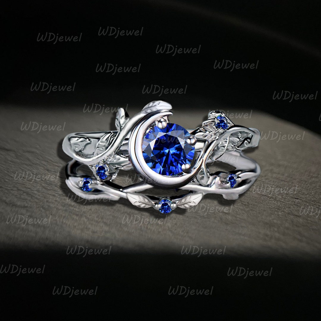 Nature Inspired Moon Engagement Ring Leaves Round Blue Sapphire Twist ...