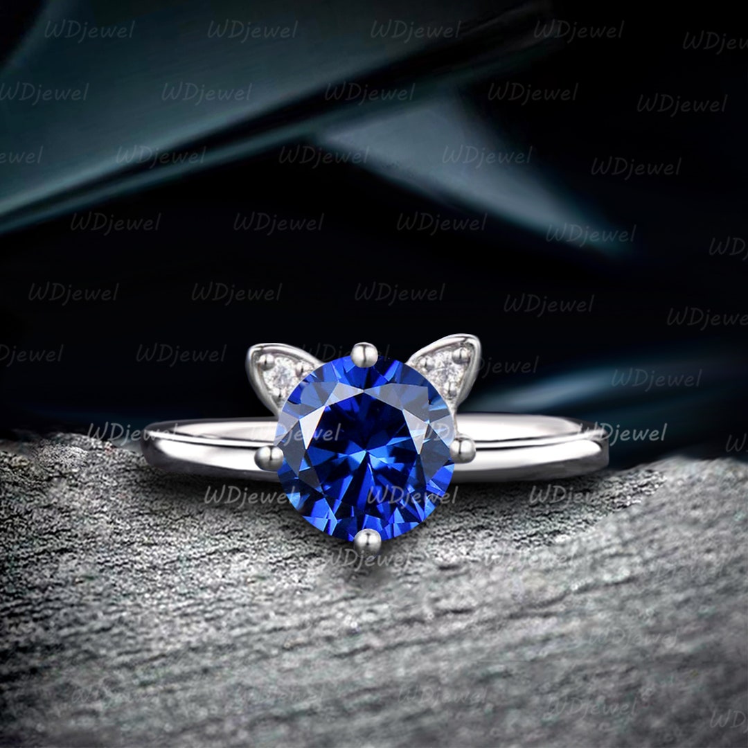 Cat Engagement Ring Vintage Round Blue Sapphire Moissani Cat Wedding ...