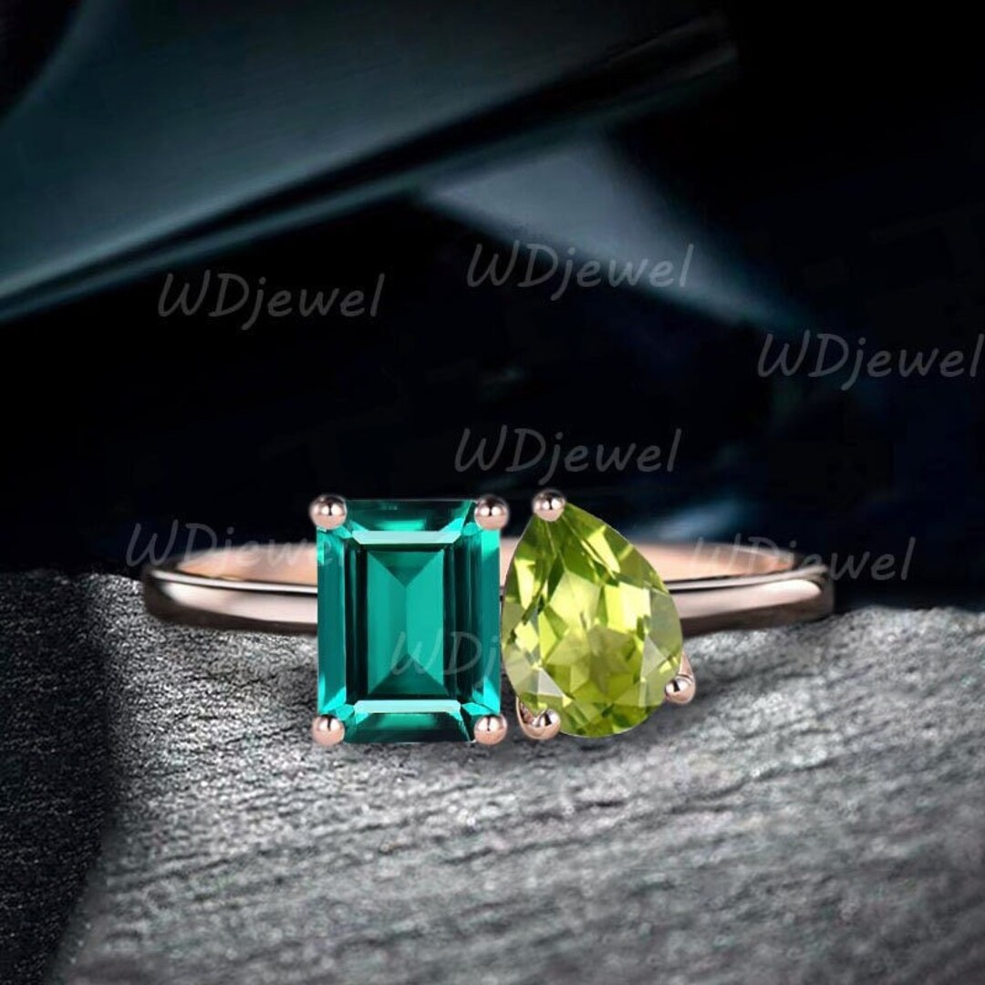 Toi Et Moi Ring Green Emerald Pear Cut Peridot Wedding Ring Two Stones ...