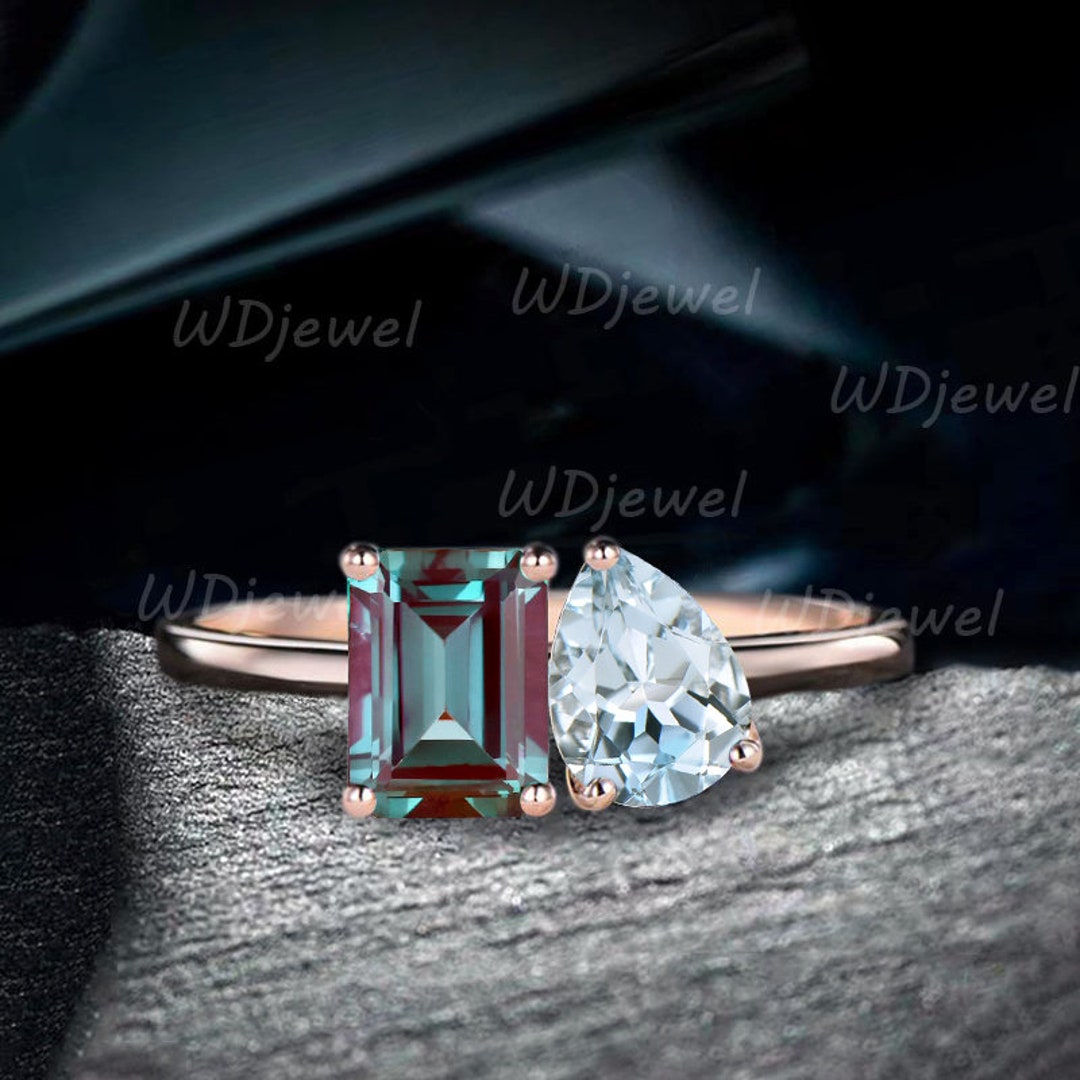 Toi Et Moi Ring Emerald Cut Alexandrite Teardrop Aquamarine Wedding ...