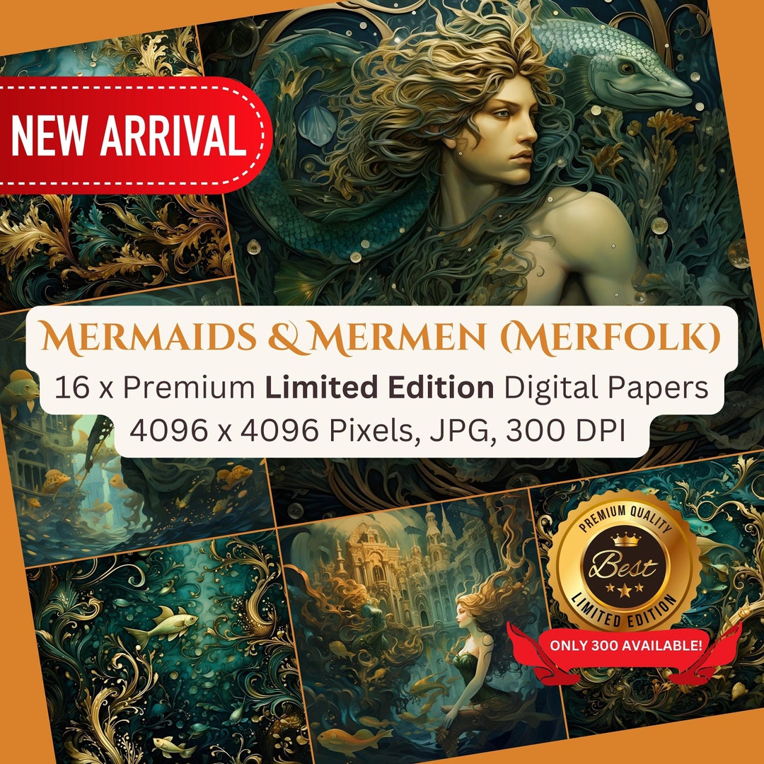 16 Mermaid & Mermen Digital Design Papers, Merfolk Jpg's, Under-the-sea ...