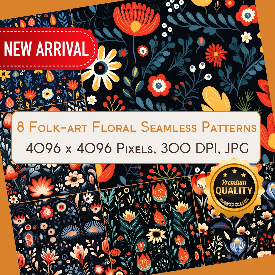 8 Folk-art Floral Seamless Patterns, Folksie Flower Designs, Floral ...
