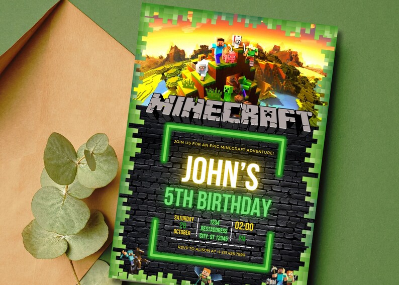 Editable Minecraft Birthday Invitation Mine Theme Birthday Party ...
