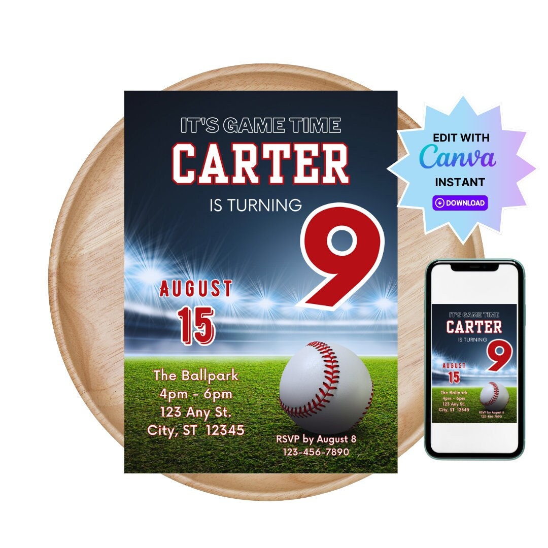 Editable Baseball Birthday Invitation: Canva Template (digital Download ...